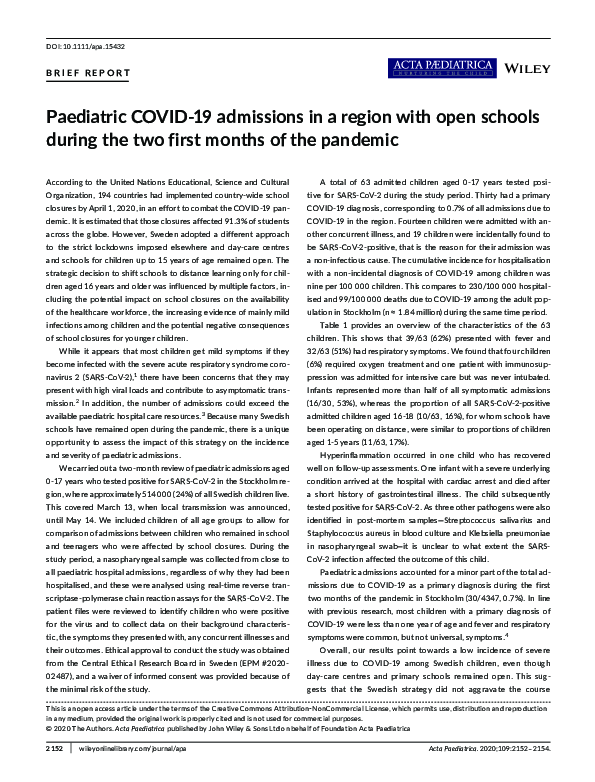 (PDF) Paediatric COVID‐19 admissions in a region with open schools ...