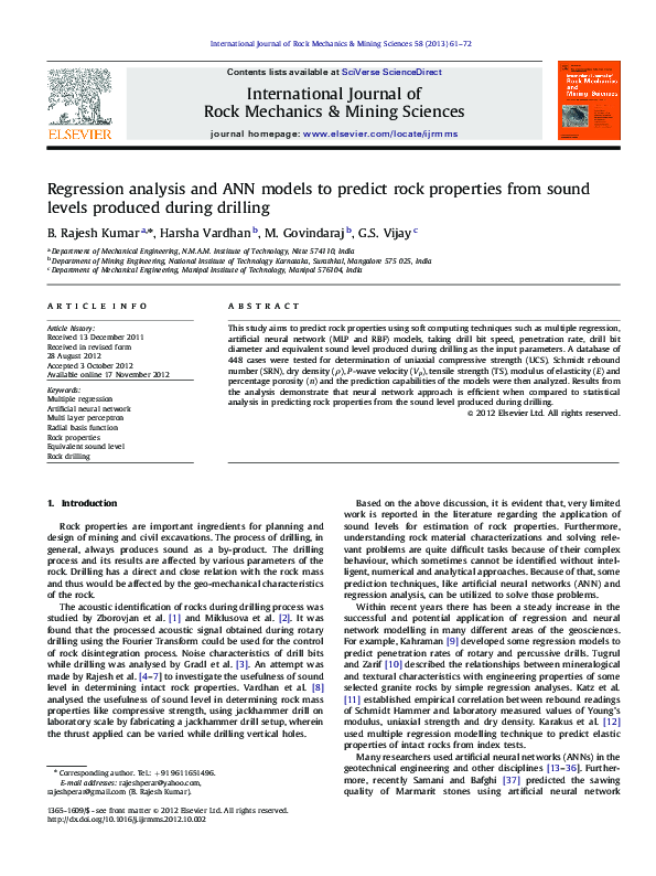 (PDF) Regression analysis and ANN models to predict rock properties ...