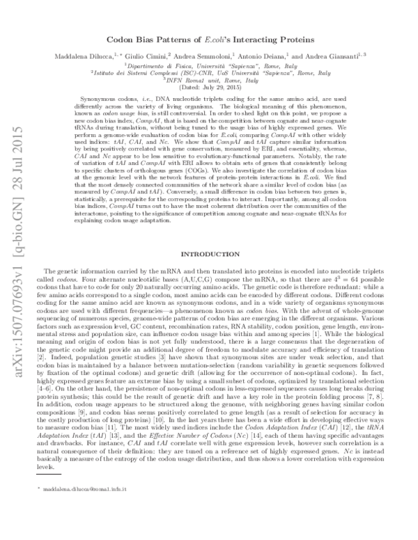 Pdf Codon Bias Patterns Of E Colis Interacting Proteins