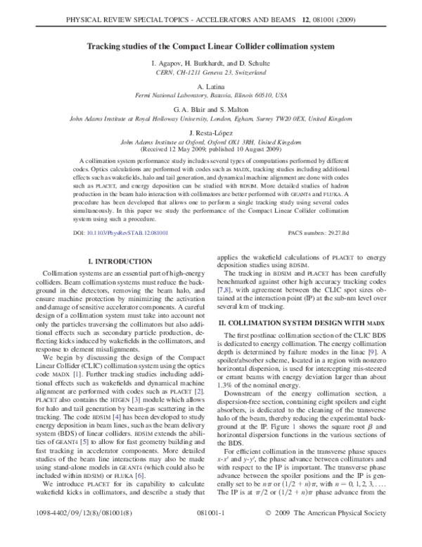 (PDF) Tracking studies of the Compact Linear Collider collimation system