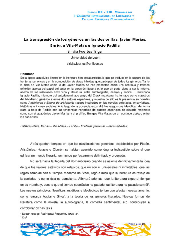 (PDF) La transgresión de los géneros en las dos orillas: Javier Marías, Enrique Vila-Matas e ...