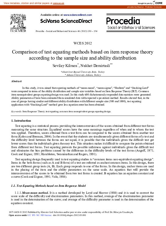 Pdf Comparison Of Test Equating Methods Based On Item Response Theory