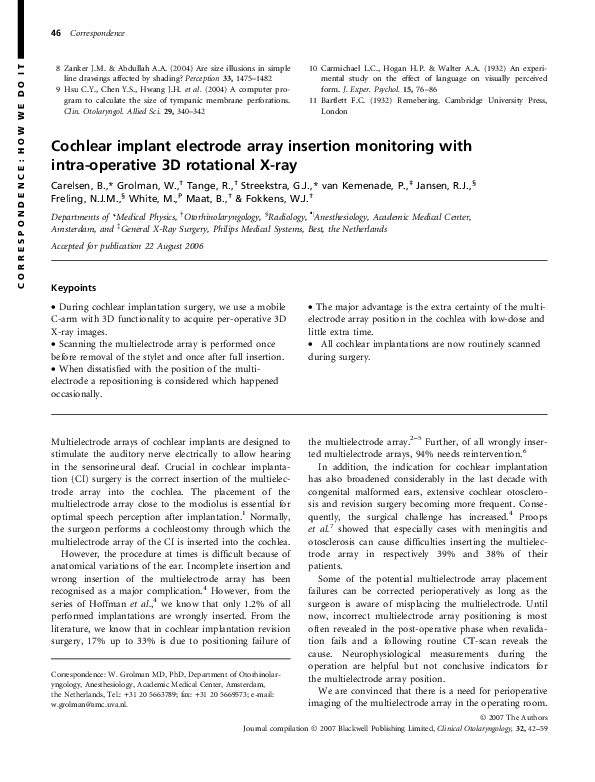 Pdf Cochlear Implant Electrode Array Insertion Monitoring With Intra Operative 3d Rotational X Ray