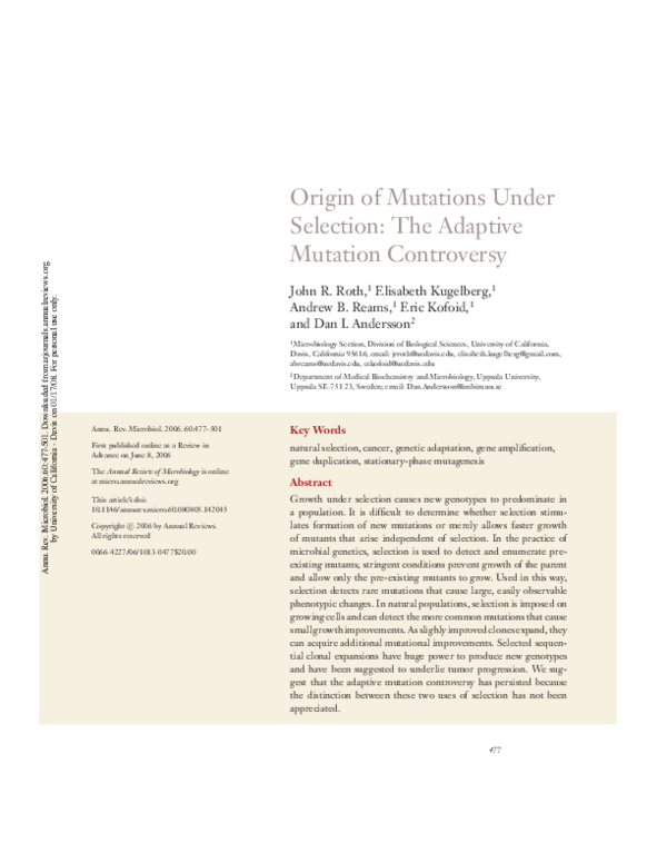 (PDF) Origin of Mutations Under Selection: The Adaptive Mutation ...