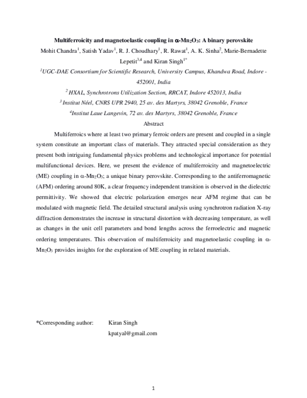 (PDF) Multiferroicity and magnetoelastic coupling in α−Mn2O3 : A binary perovskite