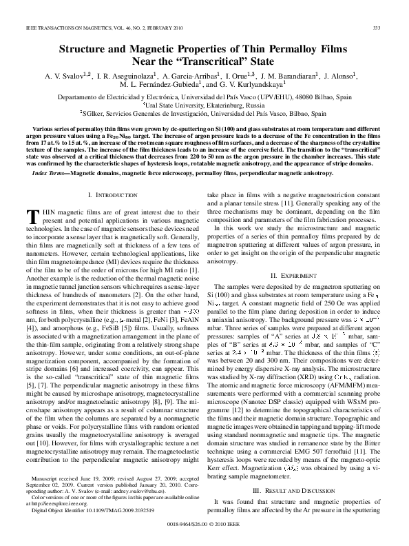 (PDF) Structure and Magnetic Properties of Thin Permalloy Films Near the “Transcritical” State