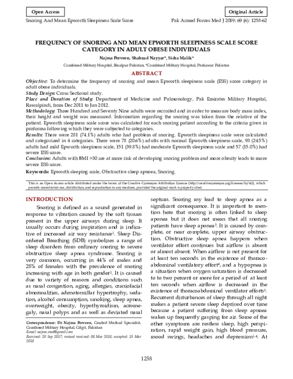 (PDF) Frequency of Snoring and Mean Epworth Sleepiness Scale Score ...