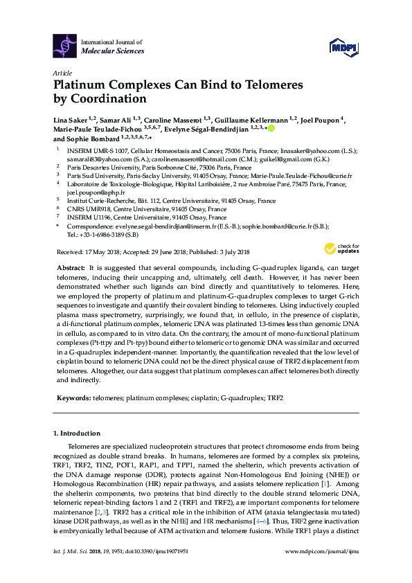 (PDF) Platinum Complexes Can Bind to Telomeres by Coordination
