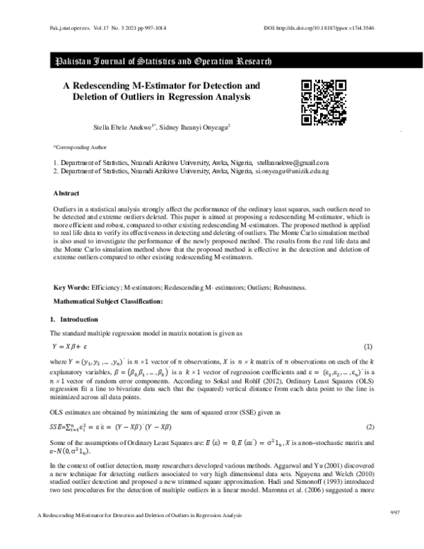 (PDF) The Redescending M estimator For detection and deletion of Outliers in Regression analysis