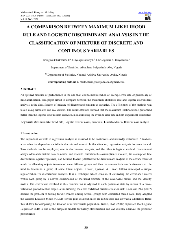 (PDF) A Comparison Between Maximum Likelihood Rule and Logistic Discriminant Analysis in the ...