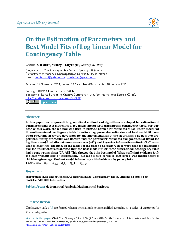 (PDF) On the Estimation of Parameters and Best Model Fits of Log Linear Model for Contingency Table