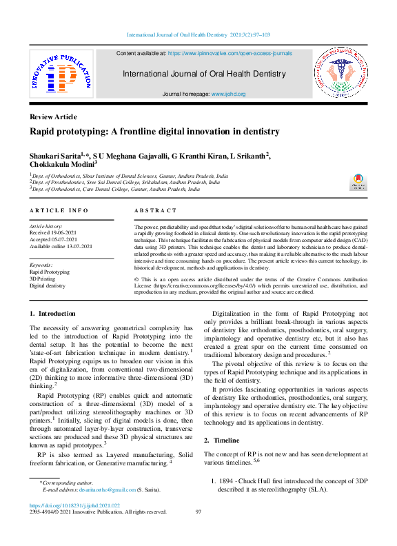 (PDF) Rapid prototyping: A frontline digital innovation in dentistry