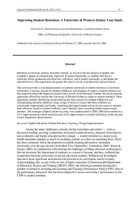 (PDF) Improving student retention: A University of Western Sydney case ...