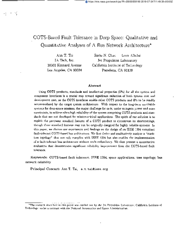 Pdf Cots Based Fault Tolerance In Deep Space Qualitative And Quantitative Analyses Of A Bus