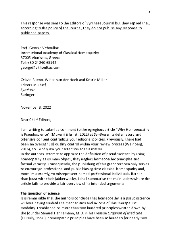 (PDF) Response to a malicious paper against Homeopathy