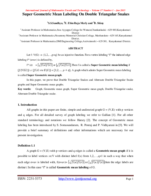 (PDF) Super Geometric Mean Labeling On Double Triangular Snakes | Sree ...