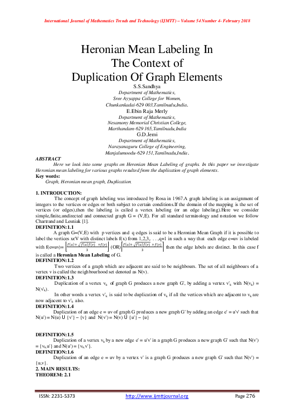 (PDF) Heronian Mean Labeling In The Context of Duplication Of Graph Elements
