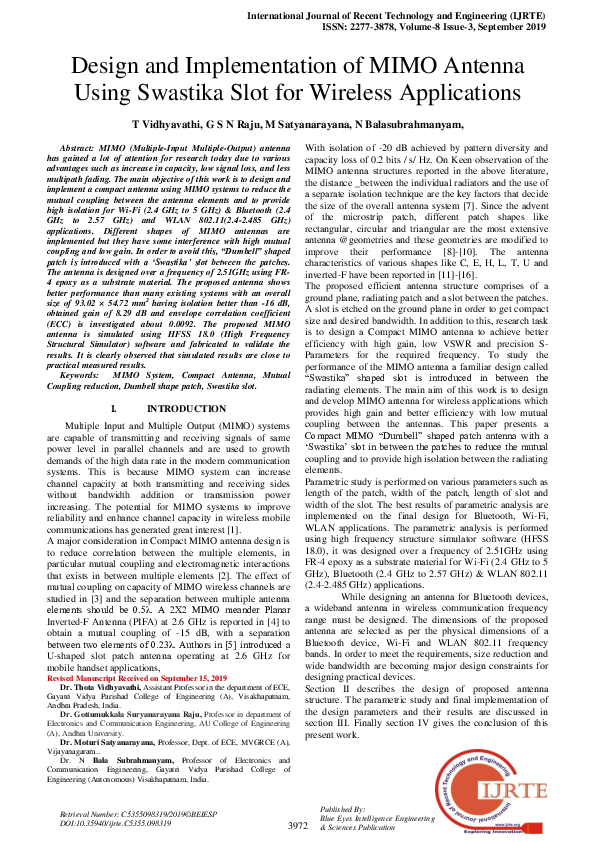 (PDF) Design and Implementation of MIMO Antenna Using Swastika Slot for Wireless Applications