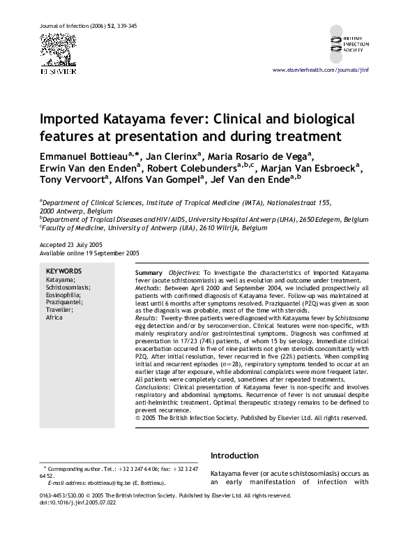 (PDF) Imported Katayama fever: Clinical and biological features at ...