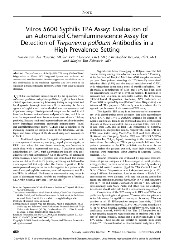 (PDF) Vitros 5600 Syphilis TPA assay: evaluation of an automated ...
