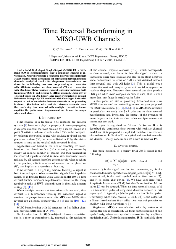 (PDF) Time reversal beamforming in MISO-UWB channels