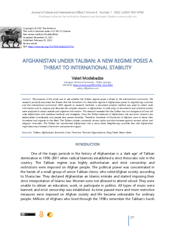 (PDF) AFGHANISTAN UNDER TALIBAN: A NEW REGIME POSES A THREAT TO ...