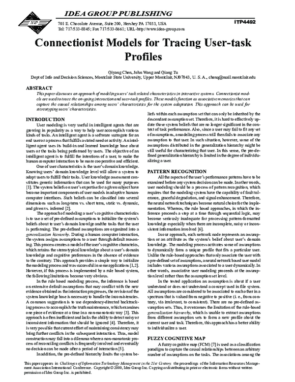 Pdf Connectionist Models For Tracing User Task Profiles Qiyang Chen