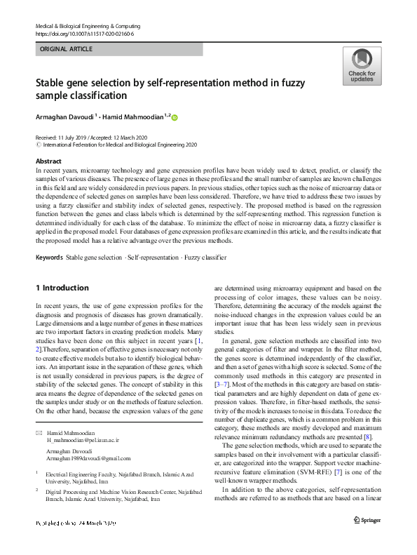 (PDF) Stable gene selection by self-representation method in fuzzy sample classification