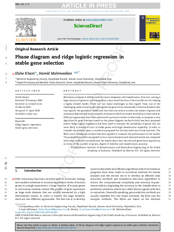 (PDF) Phase diagram and ridge logistic regression in stable gene selection