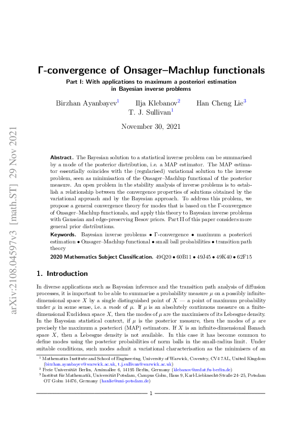 (PDF) \Gamma-convergence of Onsager-Machlup functionals. Part I: With applications to maximum a ...