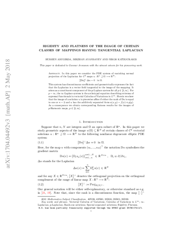 (PDF) Rigidity and flatness of the image of certain classes of mappings having tangential Laplacian