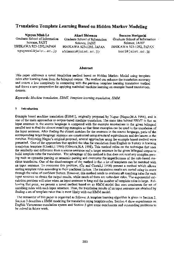 (PDF) Translation Template Learning Based on Hidden Markov Modeling
