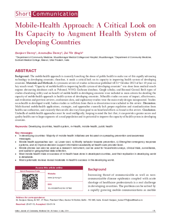 (PDF) Mobile-health approach: a critical look on its capacity to augment health system of ...
