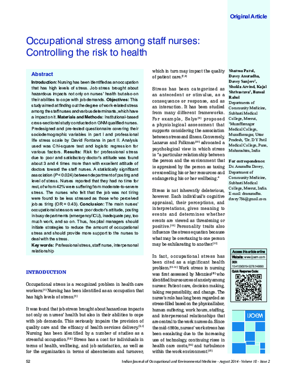 (PDF) Occupational stress among staff nurses: Controlling the risk to health