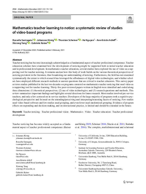(PDF) Mathematics teacher learning to notice: a systematic review of ...