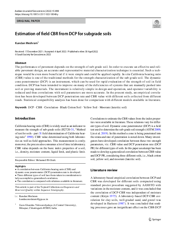 (PDF) Estimation of field CBR from DCP for subgrade soils