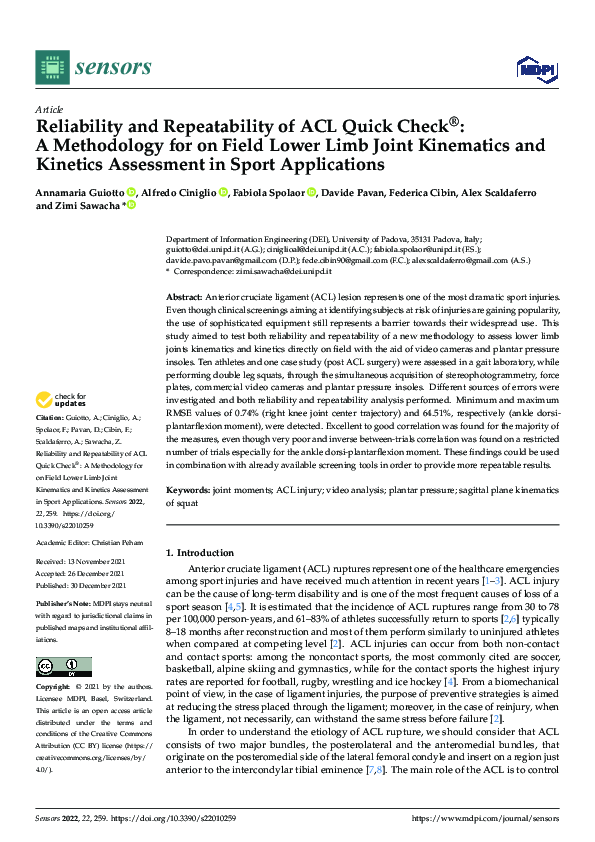 Pdf Reliability And Repeatability Of Acl Quick Check® A Methodology For On Field Lower Limb