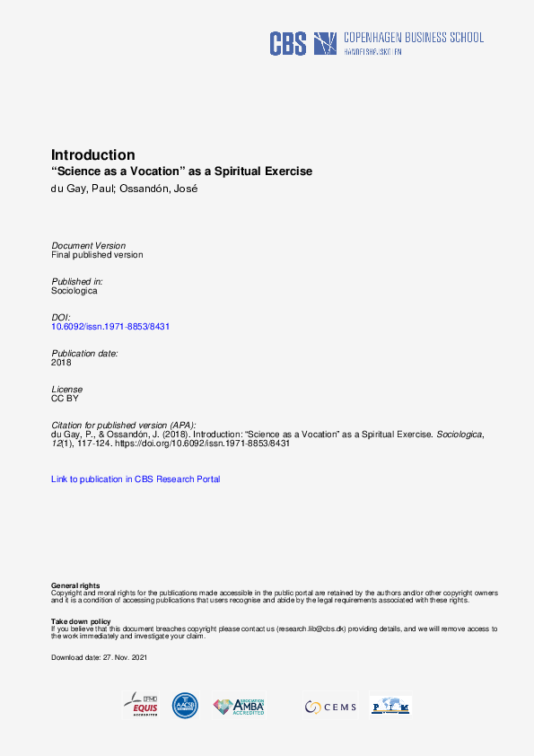 (PDF) Introduction: “Science as a Vocation” as a Spiritual Exercise