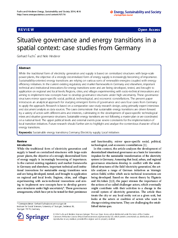 (PDF) Situative governance and energy transitions in a spatial context: case studies from Germany