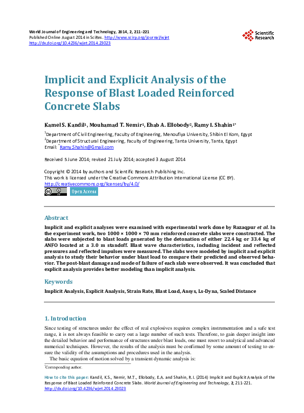Pdf Implicit And Explicit Analysis Of The Response Of Blast Loaded Reinforced Concrete Slabs