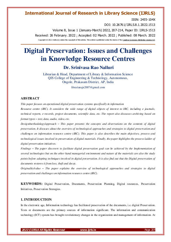 (PDF) Digital Preservation: Issues and Challenges in Knowledge Resource ...