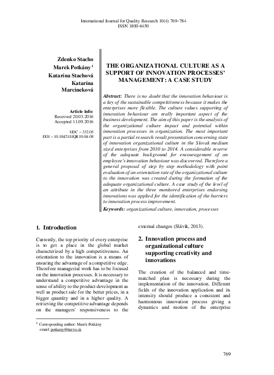 (PDF) The Organizational Culture as a Support of Innovation Processes ...