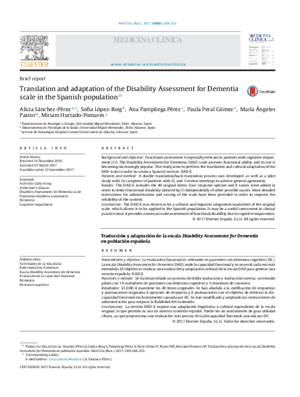 (PDF) Translation and adaptation of the Disability Assessment for ...
