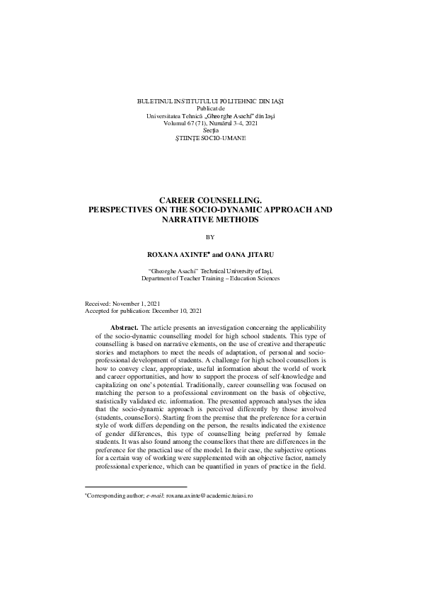 (PDF) CAREER COUNSELLING. PERSPECTIVES ON THE SOCIO-DYNAMIC APPROACH ...