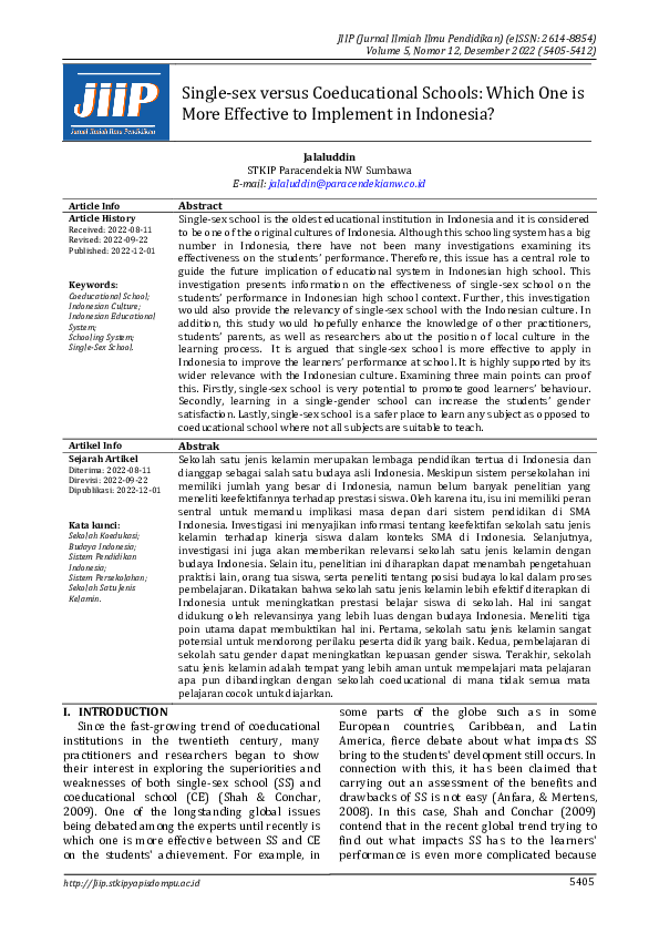 Pdf Single Sex Versus Coeducational Schools Which One Is More Effective To Implement In Indonesia