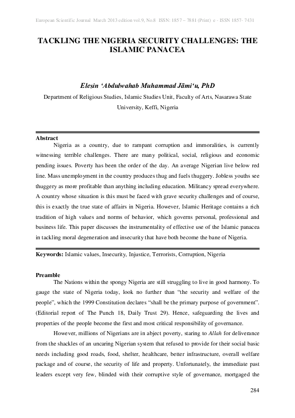 (PDF) Tackling the Nigeria Security Challenges: The Islamic Panacea