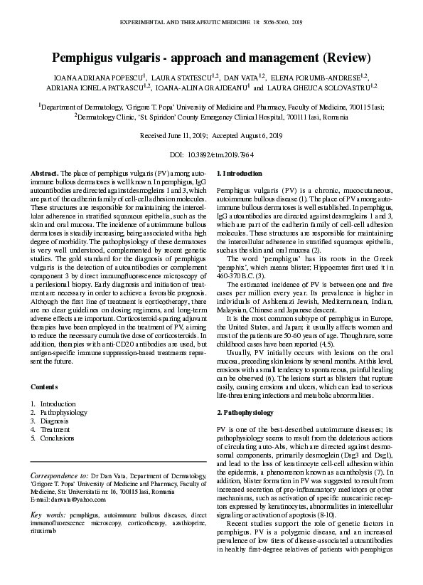 (PDF) Pemphigus vulgaris - approach and management (Review)
