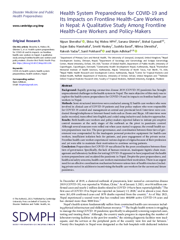 (PDF) Health System Preparedness for COVID-19 and Its Impacts on Frontline Health-Care Workers ...