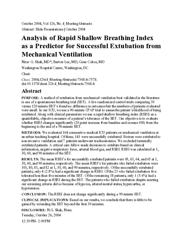 (PDF) Analysis of Rapid Shallow Breathing Index as a Predictor for Successful Extubation from ...