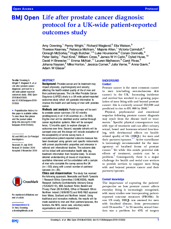 (PDF) Life after prostate cancer diagnosis: protocol for a UK-wide ...